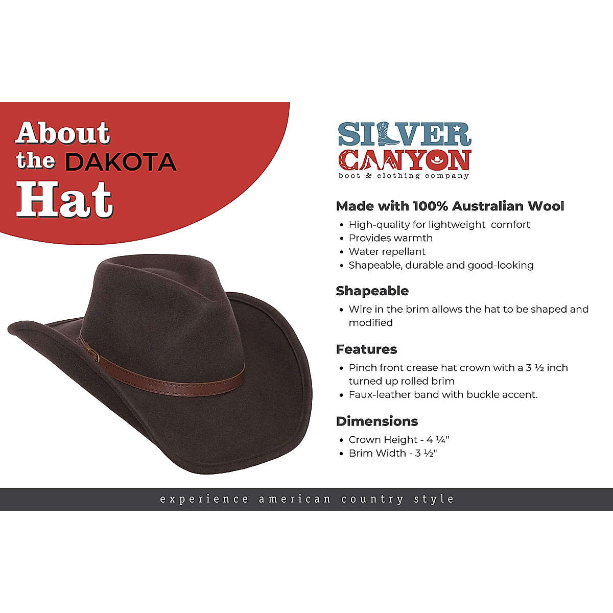 Men's Outback Wool Cowboy Hat Dakota Brown Shapeable Western Felt by Silver Canyon, Brown, Medium