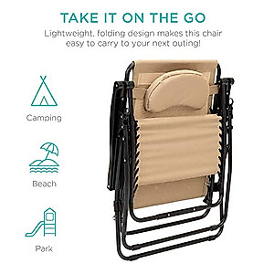 Best Choice Products Oversized Zero Gravity Chair, Folding Outdoor Patio Lounge Recliner w/Cup Holder Accessory Tray and Removable Pillow - Tan