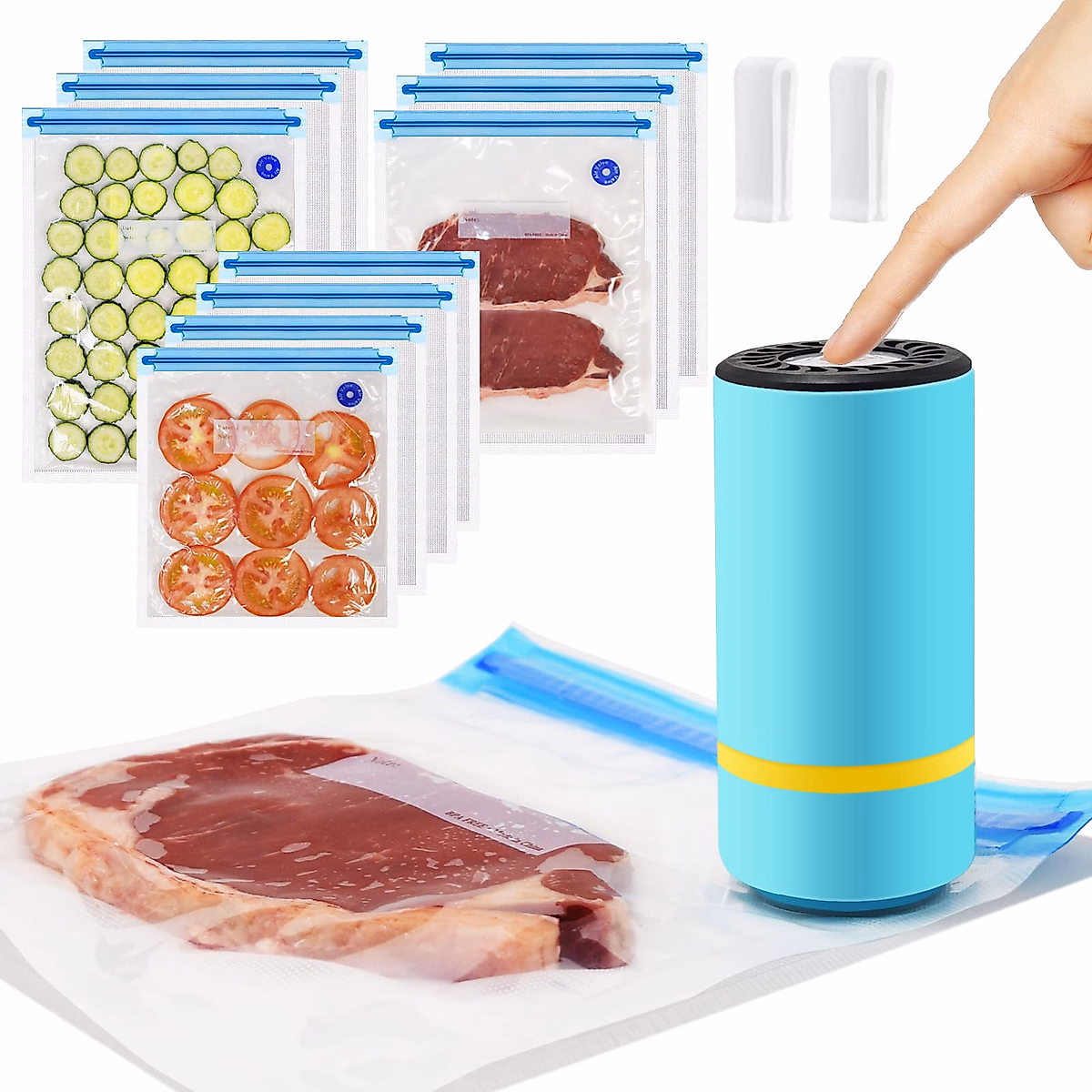 Sous Vide Bag & Handheld Vacuum Sealer, Portable Mini Vacuum Sealer with 10 PCS Reusable Food Storage Zipper Sous Vide Bags for Anova,Joule Cookers, Rechargeable Small Electric Vacuum Sealer Pump Set