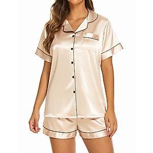 Ekouaer Womens Pajama Sets 2 Piece Silk Pjs Short Sleeve Sleepwear Satin Button Down Nightwear Lounge Shorts Set,Champagne,X-Large