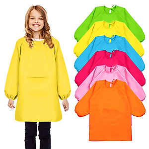 Geyoga 6 Pcs Art Smock for Kids Colorful Painting Artist Smock Waterproof Apron Toddler Full Coverage Long Sleeve Apron with Pocket for School Class, for Age 3 to 8