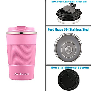 Travel Coffee Mug-12oz, Stainless Steel Coffee Cups, Double Wall thermos with Screw Lid - Spill Proof, Reusable Insulated Cup for Cold and Hot Beverages (Pink-12oz)
