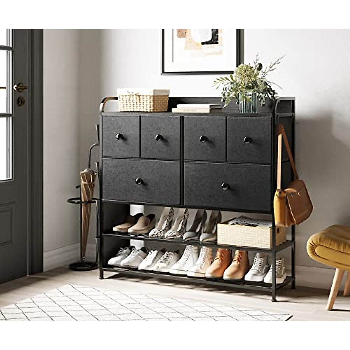 REAHOME Black Dresser for Bedroom 6 Fabric Drawer Dresser with 2-Tier Storage Shelf Chest of Drawers Closets Large Dresser Organizer Tower for Living Room Hallway Entryway Closets (Black Gray)