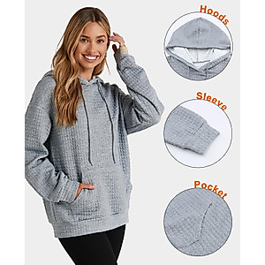 SELINK Hoodies For Women Casual Pullover Waffle Long Sleeve Drawstring Hooded Sweatshirt with Pocket Grey-L