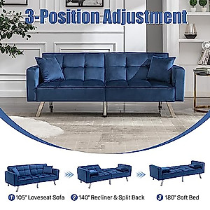 civama Futon Sofa Bed, Velvet 76" Twin Size Couch with 2 Pillows, 3-Seater 3 Angles Convertible Tufted Loveseat Sleeper for Living Room, Modern Upholstered Armrest Folding Futon, Blue, Metal Leg