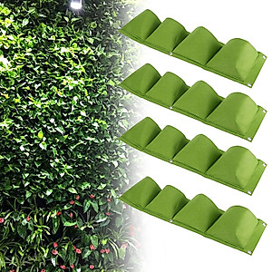 4Pcs Vertical Hanging Outdoor Wall Planter 4 Pocket Plant Grow Bag Wall Mounted Reusable Degradable Felt Garden Planter Herbs, Succulents Artificial Pl or Flowers. (Green)