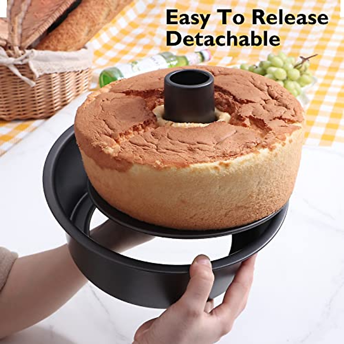HONGBAKE Angel Food Cake Pan with Removable Bottom, 10 Inch Tube Pan, Nonstick Pound Cake Pans for Baking, Chiffon Cake Mold, 16-Cup, Heavy Duty - Dark Grey