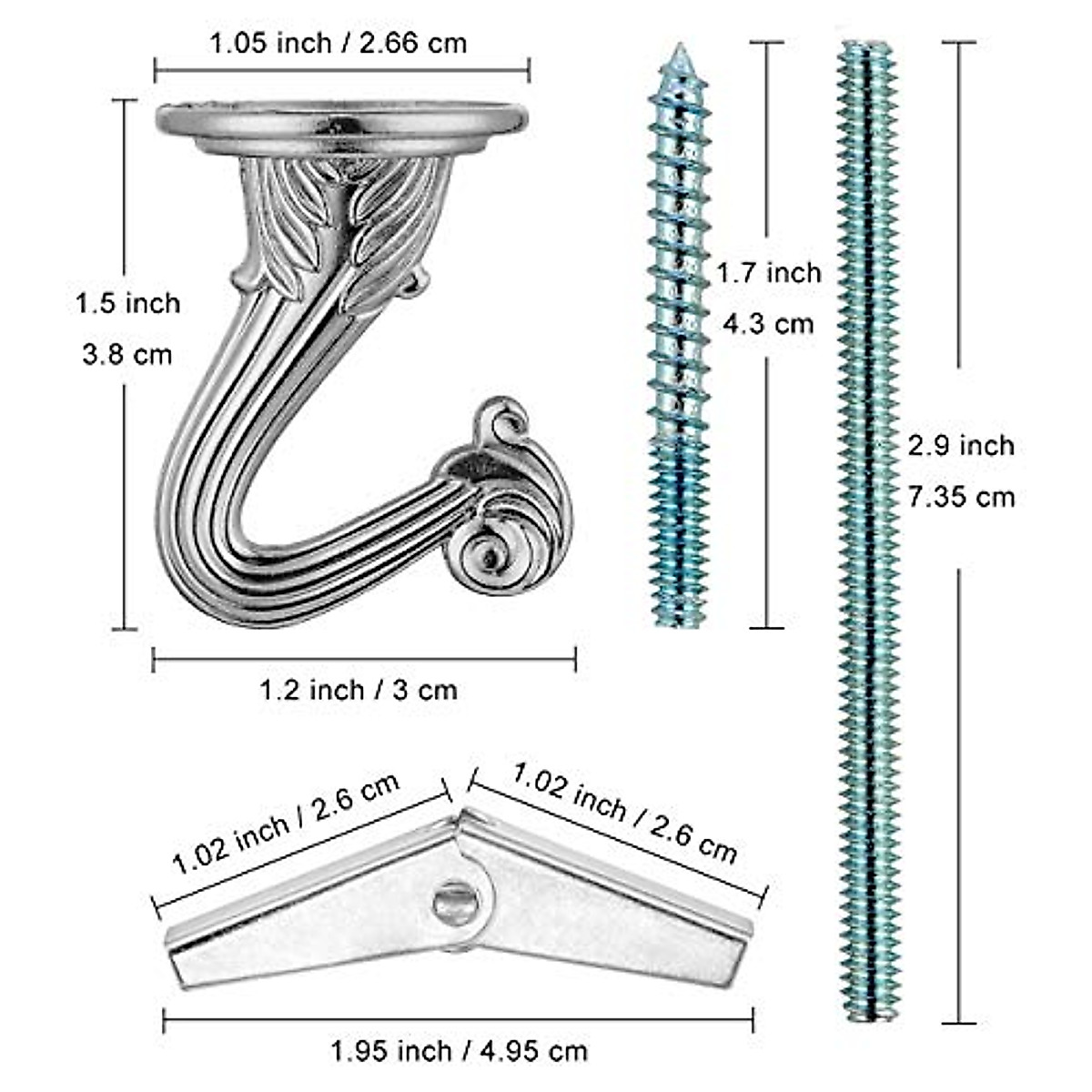 Qc Ceiling Hooks for Hanging Plants, 6 Sets Nickel Heavy Duty Swag Hooks with Hardware Including Screws and Toggle Wings