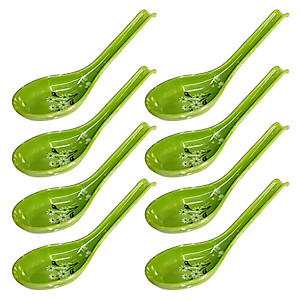 Hemoton Soup Spoons, 8pcs Japanese Style Melamine Spoons Rice Spoons with Hook, Chinese Asian Soup Spoons With Long Handle for Restaurants, Food shops, Catering Halls (Green)