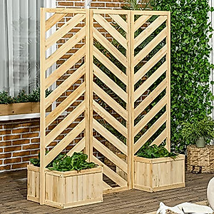 Outsunny Decorative Outdoor Privacy Screen, Freestanding Divider/Separator with 4 Self-Draining Planters, 3 Trellis Plant Support Panels for Garden Walkway, Backyard - Natural Wood