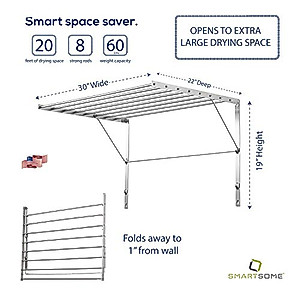 Smartsome | Wall Mounted | Clothes Drying Rack | 30" Wide | 20 Linear Feet Capacity | 8 Smooth Round Stainless Steel Rods | 60 lb Capacity | Fully Assembled | Compact Sturdy Space-Saving Design