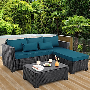 Rattaner 3 Pieces Patio Furniture Set Outdoor Sectional Wicker Patio Furniture Patio Couch with Ottoman and Outdoor Storage Table All-Weather Anti-Slip Cushions Waterproof Covers, Peacock Blue