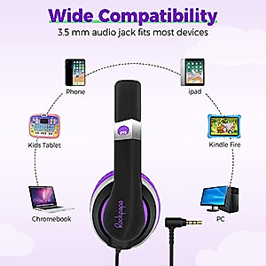rockpapa I20 Foldable Kids Headphones with Microphone for School, Wired On-Ear Boys Girls Childrens Students Headphones Plug in for Tavel Laptop Computer PC Tablet CD DVD TV Black Purple