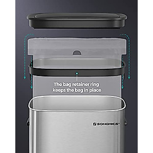SONGMICS Motion Sensor Trash Can, 13 Gallon Automatic Garbage Can with Soft-Close Lid and Bag Retainer Ring, Stainless Steel, Touchless Kitchen Trash Bin, 15 Trash Bags Included, Silver ULTB610E50
