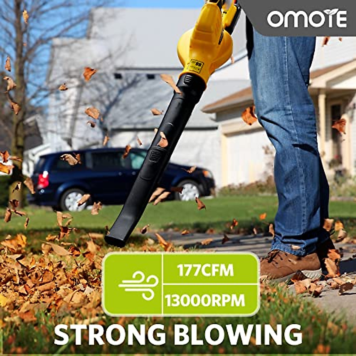 OMOTE Cordless Leaf Blower with Battery & Charger, Low Noise, Lightweight, Easy One-Button Control, Battery Powered, 177 CFM for Blowing Leaves, Lawn Care, Dust & Other Debris