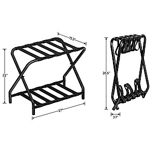 HOOBRO Luggage Racks Set of 2, Folding Suitcase Stand for Guest Room, Metal Luggage Holder with Storage Shelf, Bedroom, Hotel, Black BK03XLP201G2