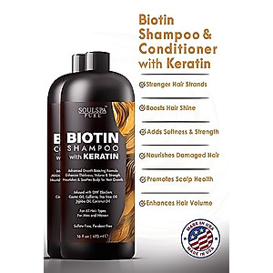 SOULSPA PURE Biotin Shampoo and Conditioner Set with Keratin - Advanced Anti-Thinning, Hair Growth & Repair Formula - Soothes Scalp, with Tea Tree Oil & DHT Blockers - for Men & Women - 16 fl oz each