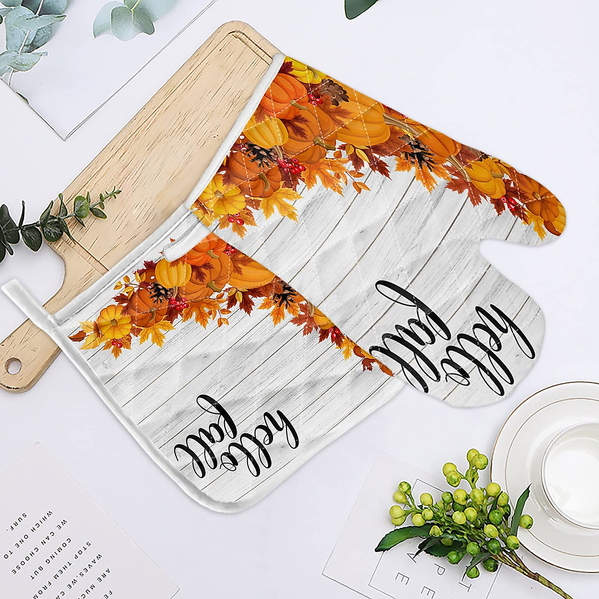Hello Fall Oven Mitts and Pot Holder Set, Thermal Insulation Kitchen Oven Glove and Anti-Slip Potholder for Cooking, BBQ, Microwave, Grilling - Retro Farmhouse Pumpkins Leaves Wooden Grain
