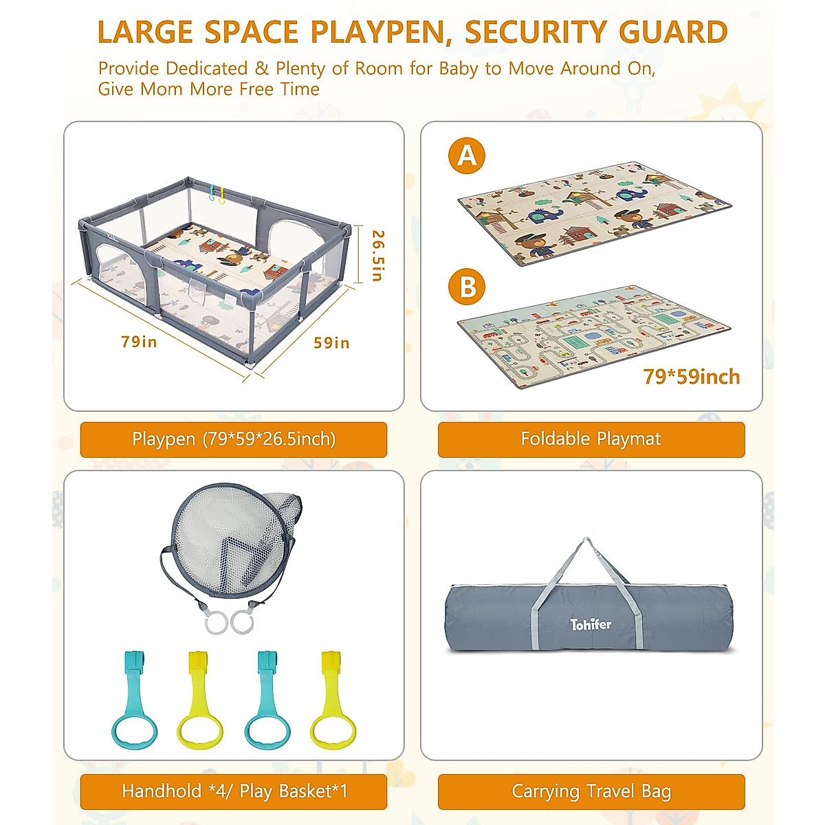 Baby Playpen with Mat, Large Baby Play Yard for Toddler, BPA-Free, Non-Toxic, Safe No Gaps Playards for Babies, Indoor & Outdoor Extra Large Kids Activity Center 79"x59"x26.5" with 0.4" Playmat