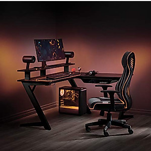 OSP Home Furnishings Avatar Battlestation L-Shape Gaming Desk with Bluetooth RGB LED Lights and Carbon Fiber Surface, Matte Black