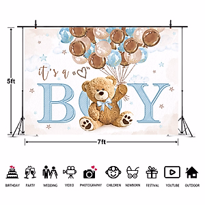 Imirell Boys Bear Baby Shower Backdrop 7Wx5H Feet It's a Boy Lovely Cute Brown Blue Balloons Cartoon Polyester Fabric Kids Newborn Photography Backgrounds Photo Shoot Decor Props Decoration