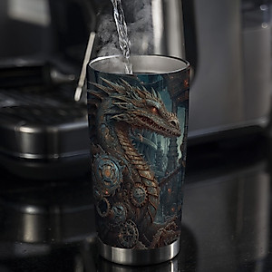 64HYDRO 20oz Steampunk Mechanical Engineer Clockwork Dragon Tumbler, Gaming, Gamer Gifts for Dragon Lovers, Stainless Steel Double Wall Vacuum Insulated Coffee Mug, Travel Cup with Lid