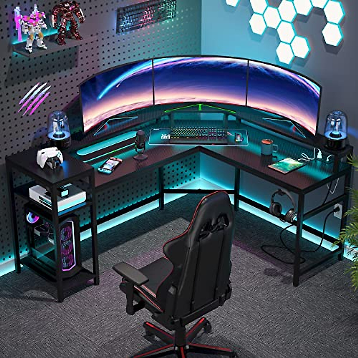 LITTLE TREE L Shaped Gaming Desk: Computer Desk with Power Outlet & LED Stripe, Modern Coner L Desk with Storage Shelves for Home Office - Black