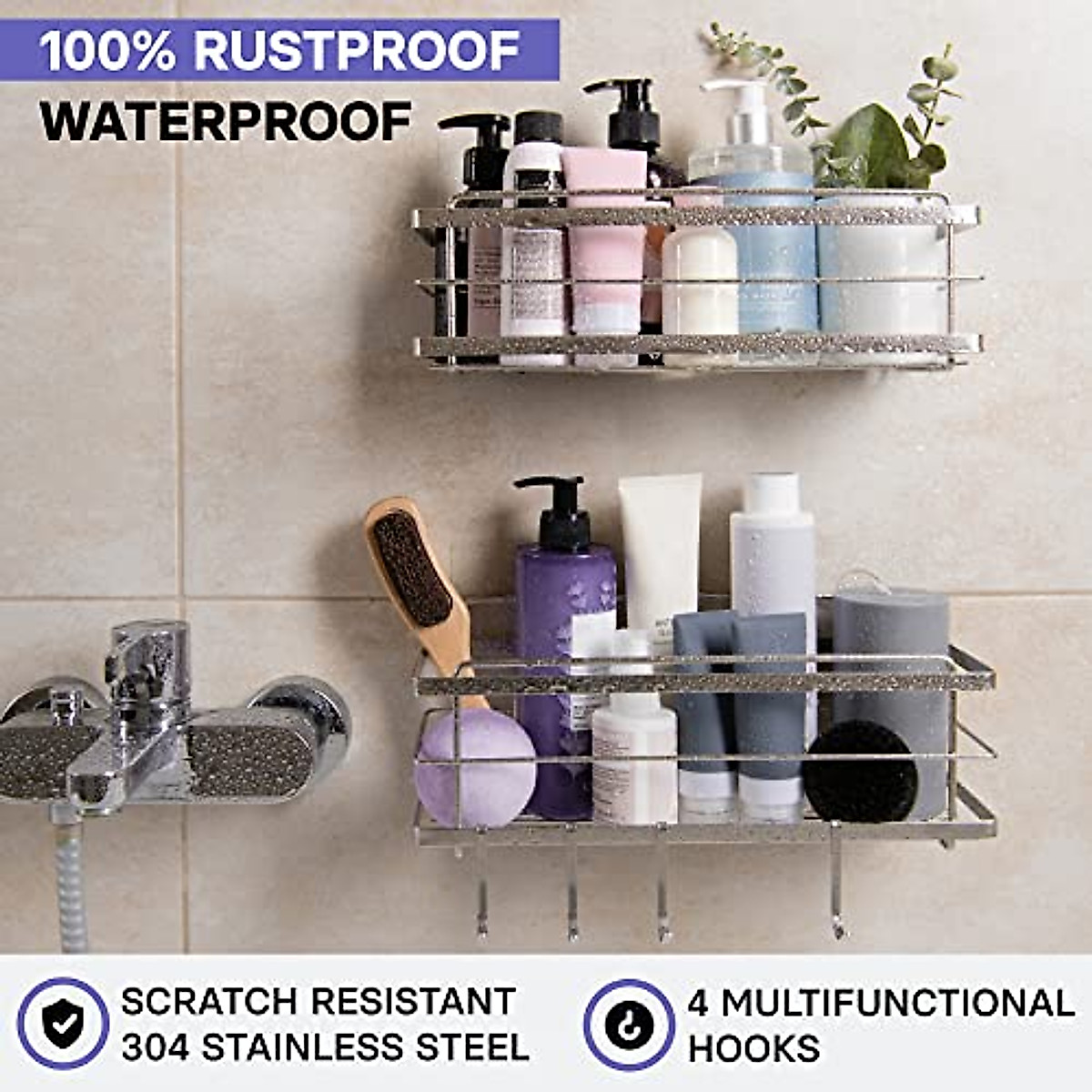 KINCMAX Shower Caddy Basket Shelf Pack of 2 - Adhesive Drill-Free Bathroom Organizer - Shower Storage Shelves for Inside Shower w/Hooks for Accessories (Silver)