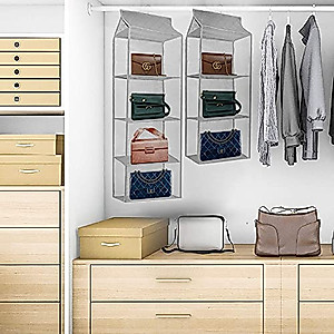 SQian 2 Pack Hanging Handbag Purse Organizer for Closet, Purse Bag Storage Holder for Wardrobe Close with 1pcs 4 Shelves Space and 1pcs 3 Shelves Space Saving Purse Organizers System (Grey).
