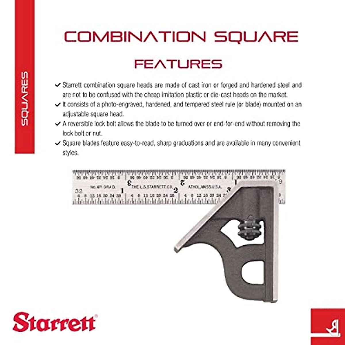 Starrett Steel Combination Square with Square Head - 4" Blade Length, Cast Iron Heads, Hardened Steel, Reversible Lock Bolt, 4R Graduation Type - 11H-4-4R