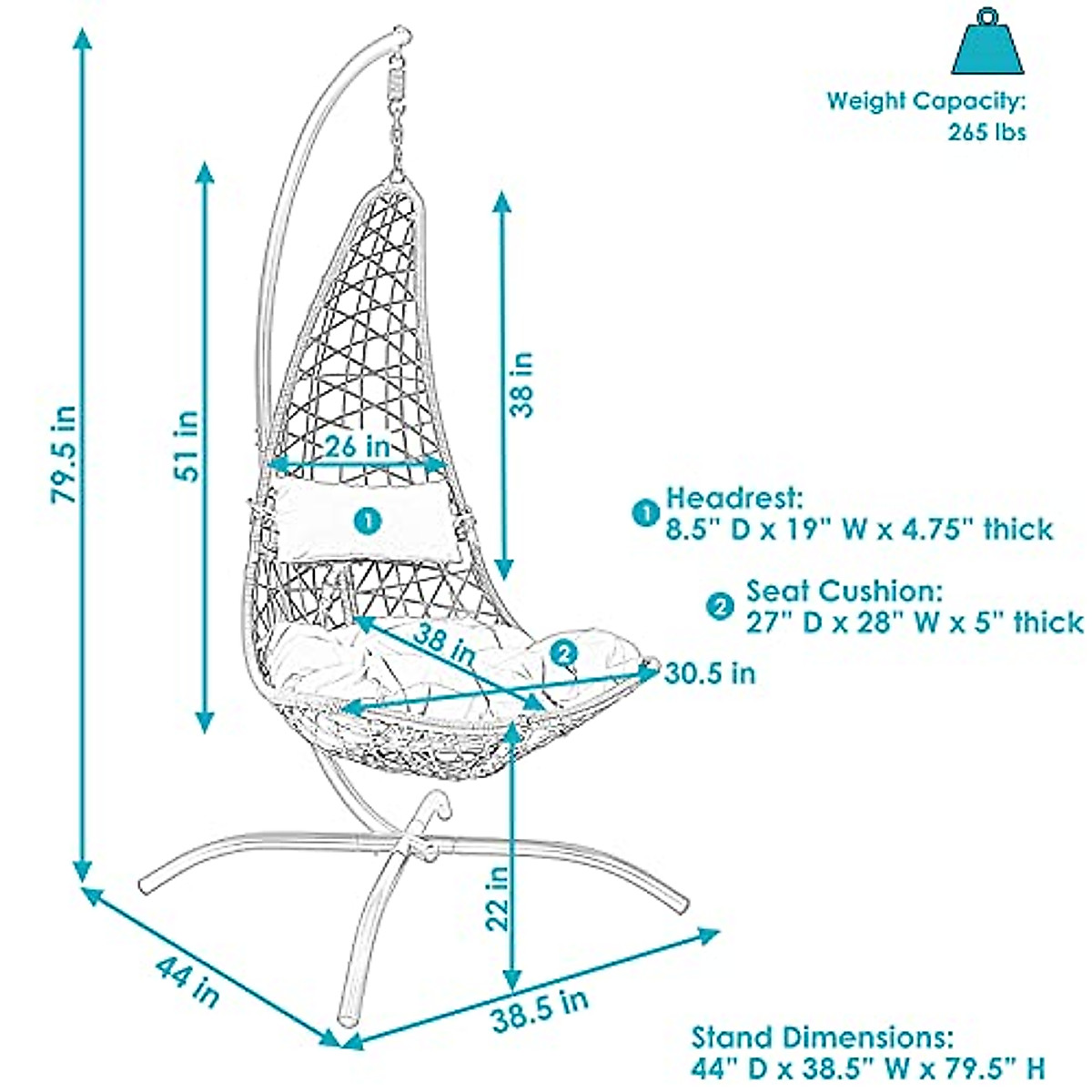 Sunnydaze Phoebe Hanging Lounge Chair with Stand and Seat Cushions - Resin Wicker Outdoor Basket Swing Chair with Steel Frame for Patio, Porch, Balcony, Backyard and Garden - 79-Inch - Red