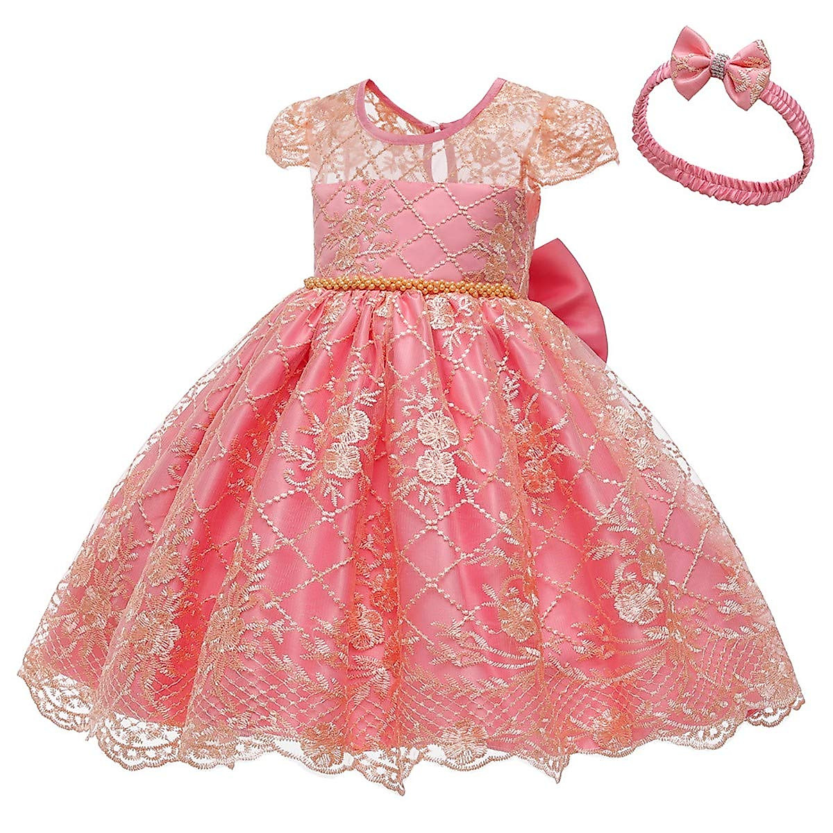 MYRISAM Baby Girls Birthday Wedding Party Dresses w/Headwear Princess Embroidery Bowknot Dress Christening Baptism Tutu Gown Pink 12-18M