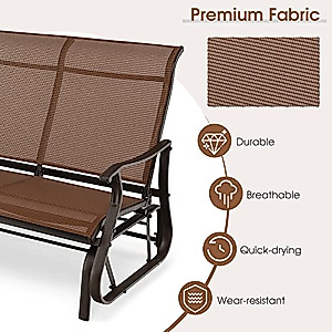 Tangkula Patio Glider Bench, 2-Person Outdoor Rocking Bench with High Back & Curved Armrests, Swing Glider Loveseat with Spacious Seat for Backyard, Balcony, Poolside, Porch (Brown)