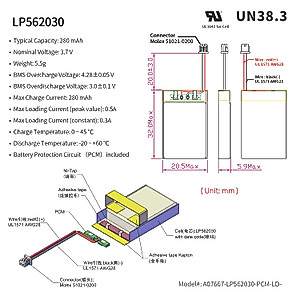 EEMB Lithium Polymer Battery 3.7V 280mAh 562030 Lipo Rechargeable Battery Pack with Wire Molex Connector for Dashcam Bluetooth Speaker - Confirm Device & Connector Polarity Before Purchase