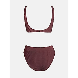 CUPSHE Bikini Set for Women Two Piece Swimsuits High Waisted Ribbed V-Wire Bralette Wide Straps Back Hook Cheeky Bottom Red Brown, S