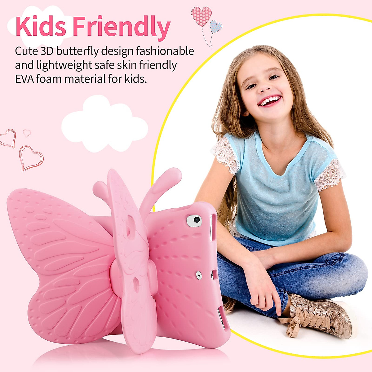 Vofolen for iPad 10.2 9th/8th/7th Generation Case Kids Girls 2021/2020/2019, 3D Cute Butterfly Wings Light Weight EVA Foam Kickstand Shockproof Full Protective Cover for Girl iPad Air 3 Pro 10.5