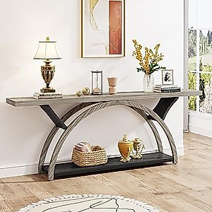 Tribesigns 70.87" Console Table with Storage Shelf, Narrow Long Sofa Table Behind Couch Table, 2-Tier Rustic Entryway Table with Half Moon Frame for Hallway Living Room, Gray & Black