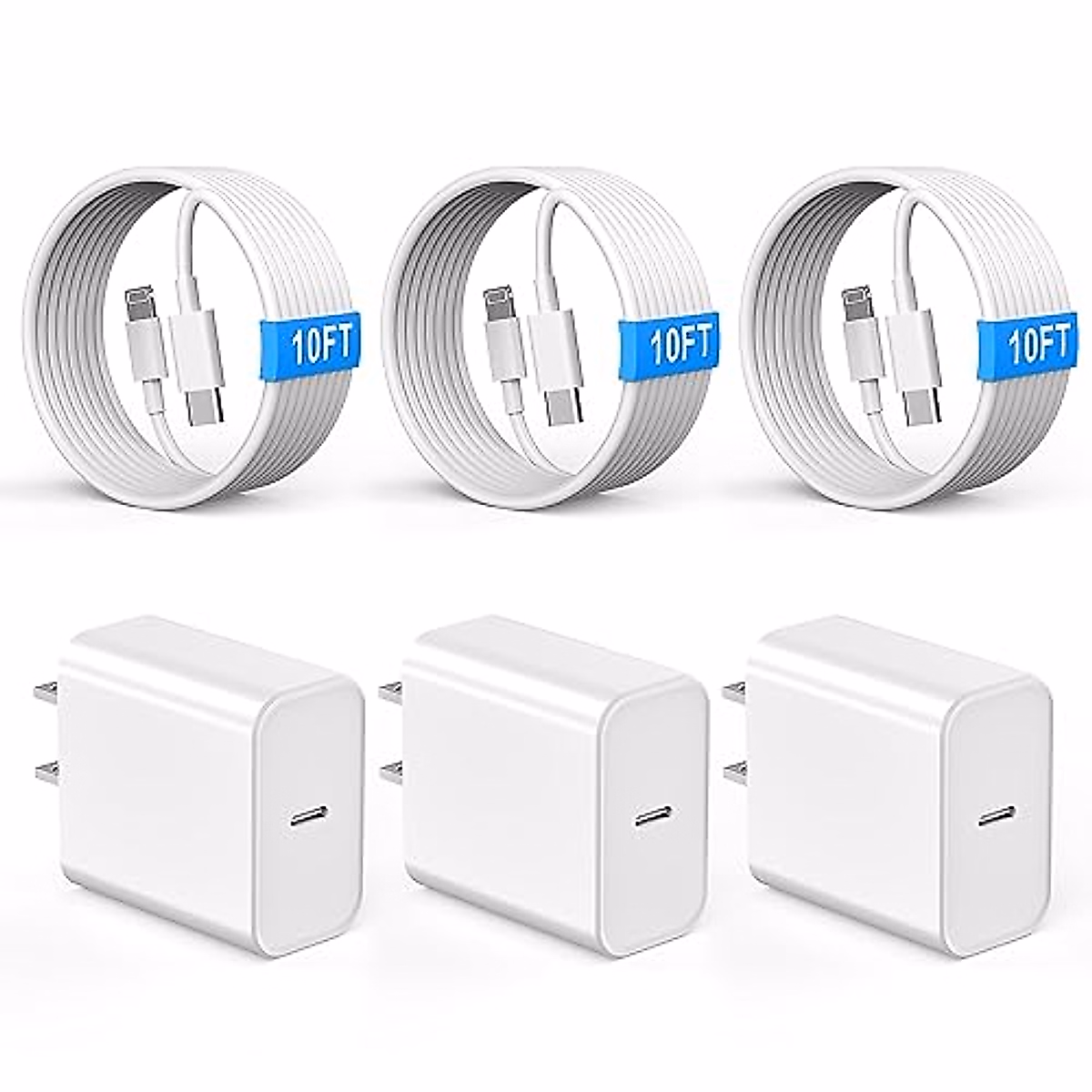 3 Pack [Apple MFi Certified] iPhone 14 13 Fast Charger, PD 20W USB C Wall Charger Power Adapter with 3 Pack 10FT Long Type C to Lightning Cable Compatible for iPhone 14 13 12 11 Pro Max XS XR X 8 iPad