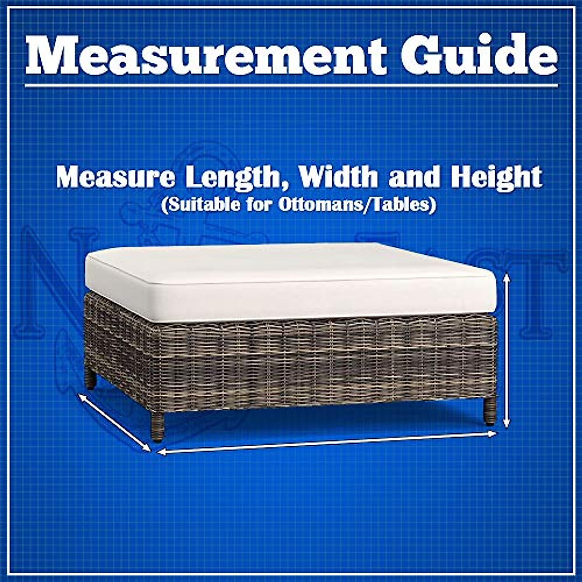 NEH Outdoor Patio Rectangular Ottoman / Side Table Furniture Cover - 52"L x 30"W x 18"H - Breathable Material, Sunray Protected, and Weather Resistant Storage Cover - Gray with Black Hem