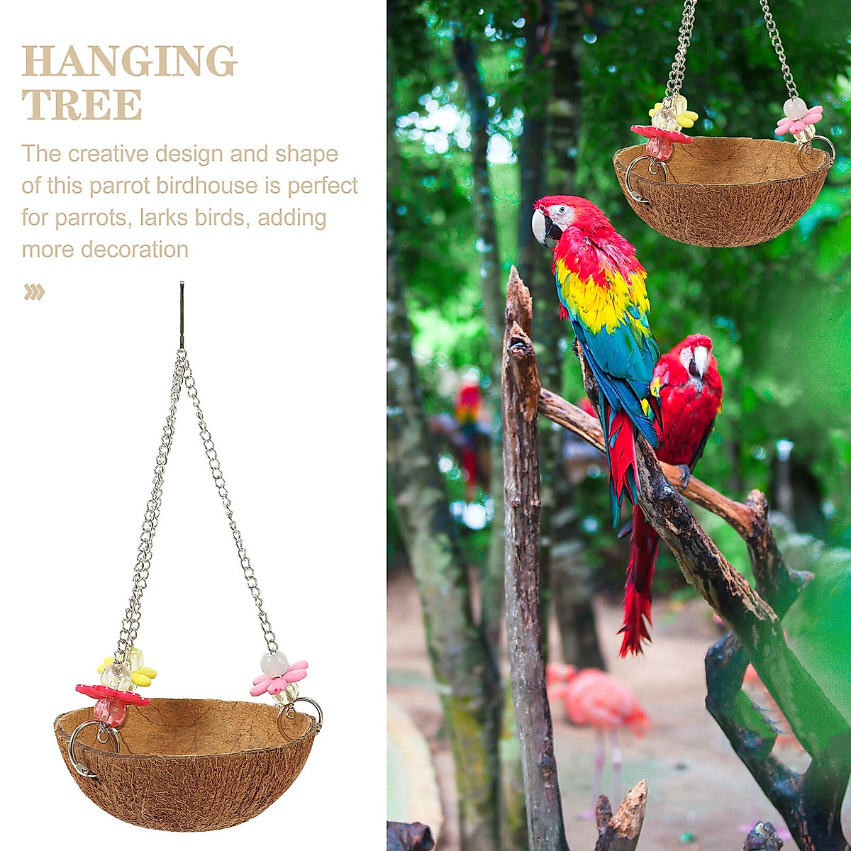 ULTECHNOVO Hammock Swing Natural Coconut Bird Hide Nest Hut House Coconut Shell Breeding Bird Nest Coconut Fiber Hanging Birdhouse Cage Habitats Decor for Pet Parrot Parakeet