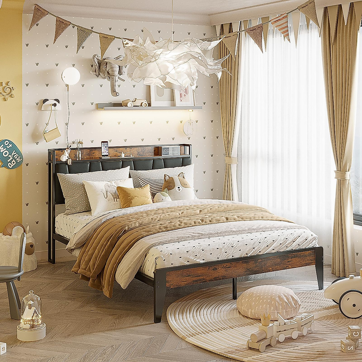 ClouDDwell Queen Size Bed Frame and Headboard with Charging Station, Queen Bed Frame with Storage, Heavy Duty Steel Support, No Box Spring Needed, Squeak Resistant, Rustic Brown and Grey