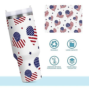 Joisal American Flag Hearts Pattern Insulated Tumbler Reusable Water Bottle with Straw Water Cups