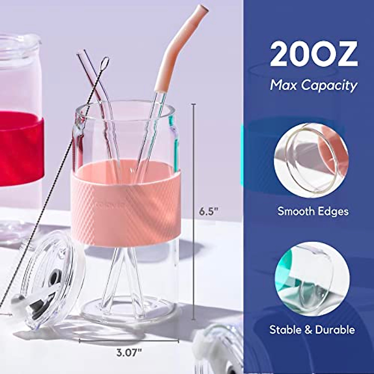 ColoVie 20oz 1pc Glass Tumbler with 3 IN 1 Lids and Glass Straws(Extra Silicone Tips), Silicone Protective Sleeve, Iced Coffee Cup, Travel Water Bottle, Soda Beer Can Shaped Cups, Hot Tea-Chalk Pink