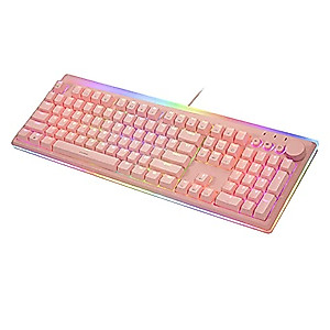 i-rocks K71M RGB Mechanical Gaming Keyboard with Media Control Knob, Gateron Switches (Brown), 104 Keys w/Full NKRO, PBT Keycaps, Multimedia Hotkeys, Detachable USB-C Cable and Onboard Storage, Pink
