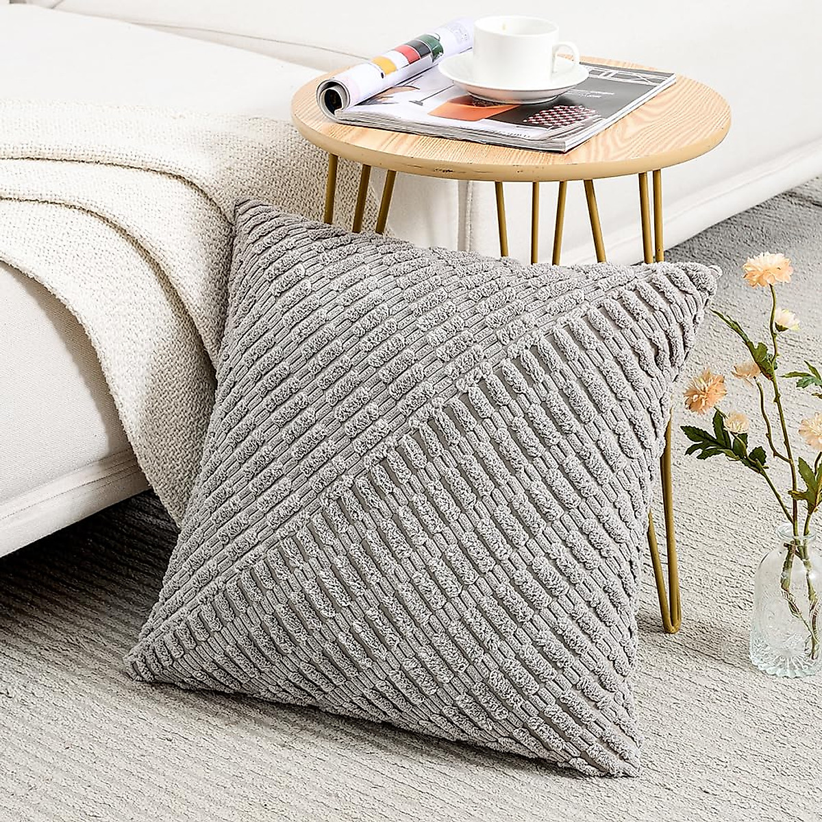 Fancy Homi 2 Packs Gray Decorative Throw Pillow Covers 18x18 Inch for Living Room Couch Bed Sofa, Rustic Farmhouse Boho Home Decor, Soft Corss Corduroy Twill Textured Square Grey Cushion Case 45x45 cm