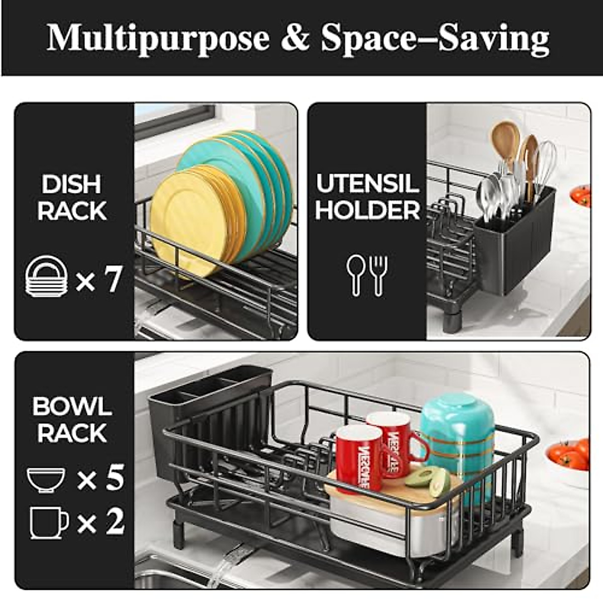 Famhap Small Dish Drying Rack, Dish Rack with Drainboard Dish Drainers for Kitchen Counter Sink Adjustable Spout, in Sink Dish Strainers with Utensil Holder and Knife Slots, Black