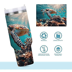 RPLIFE Colorful Coral Sea Turtle Tumbler, Stainless Steel Mug, Water Tumbler with Straw