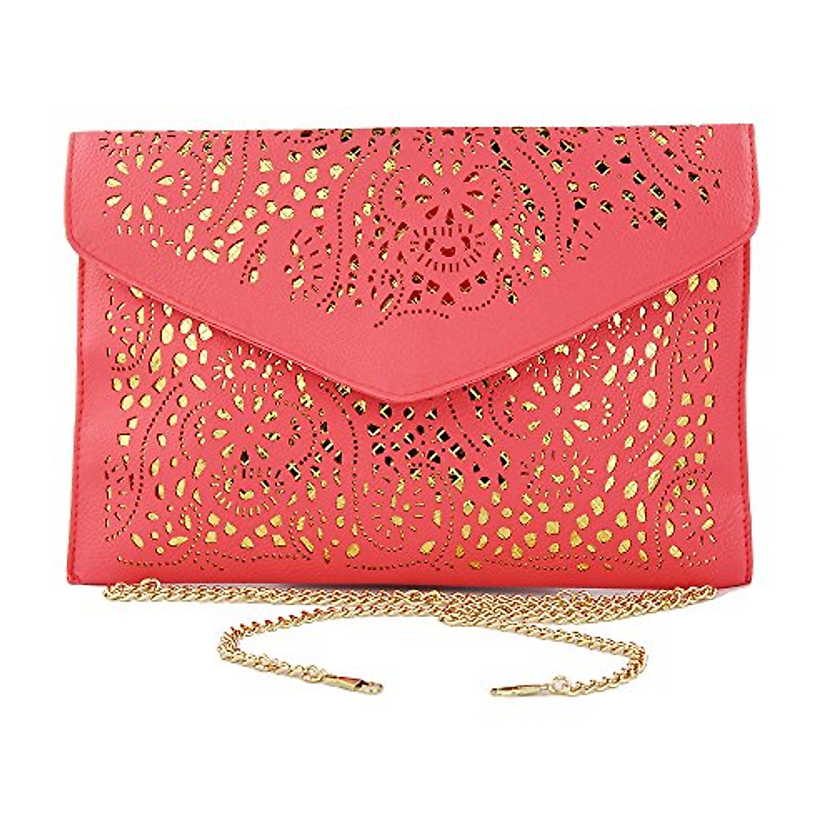 imentha Women Perforated Cut Out Pattern Gold Accent Background Chain Pouch Fashion Clutch Handbag Wedding Party Purses Envelope Evening Day Clutch Bag For Women Ladies (Watermelon Red)