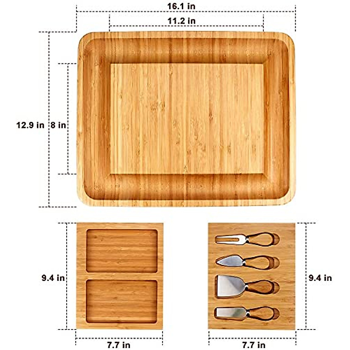 Bamboo Cheese Board with Cheese Tools, Cheese Plate Charcuterie Board Platter Set Serving Tray for Wine Cracker Brie and Meat, Large Thick Wooden Server, Fancy House Warming Gift for Gourmets