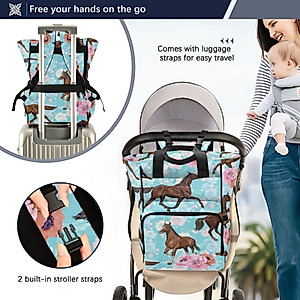 Vnurnrn Baby Diaper Bag Backpack, Portable Baby Bag for Boys Girls, Large Multifunction Travel Baby Changing Bag with Stroller Straps and Insulated Pockets, Running Horse and Flowers